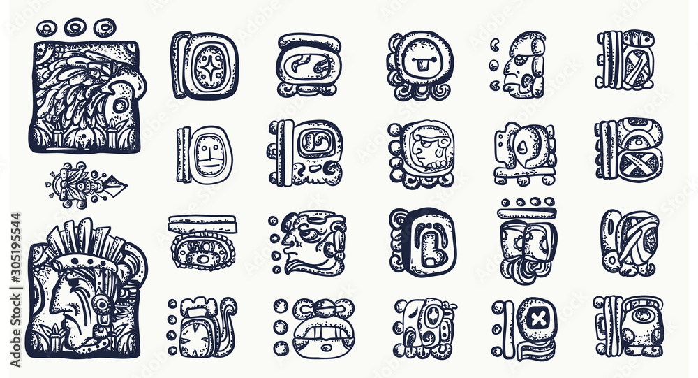 Mayan alphabet. Mexican mesoamerican glyphs, hieroglyphics. Maya ...