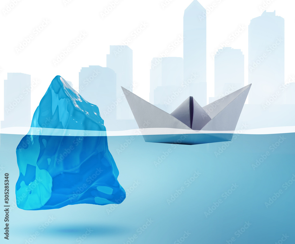 Paper boat almost hitting iceberg - 3d rendering Stock Illustration ...