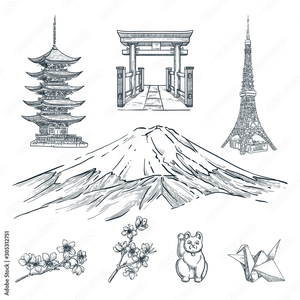 Travel to Japan hand drawn design elements. Vector sketch illustration ...