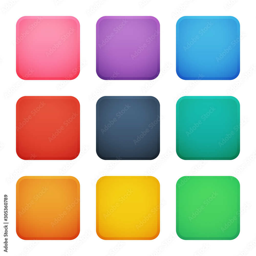 Colorful square buttons set. Vector assets for web or game design, app ...