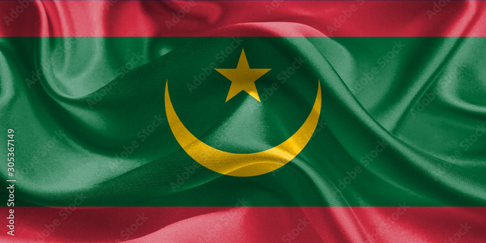 Mauritania Flag. Waving Rippled Flags. 3D Realistic Background Illustration in Silk Fabric ...