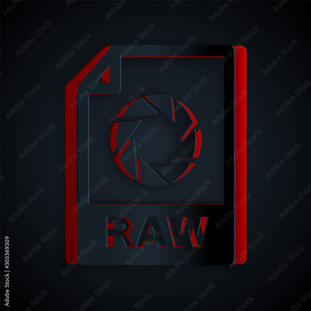 Paper cut RAW file document. Download raw button icon isolated on black ...