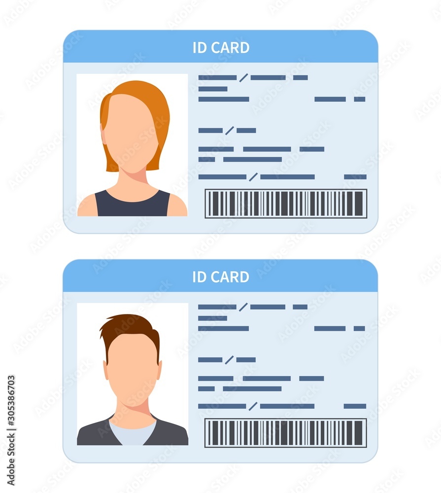 Id card. Women and men plastic identification cards, driver ...