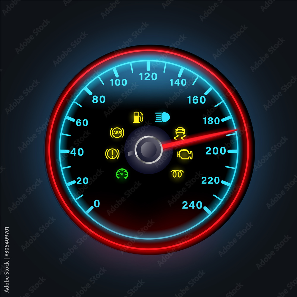 Stock-Vektorgrafik „Bright neon digital speedometer with light ...