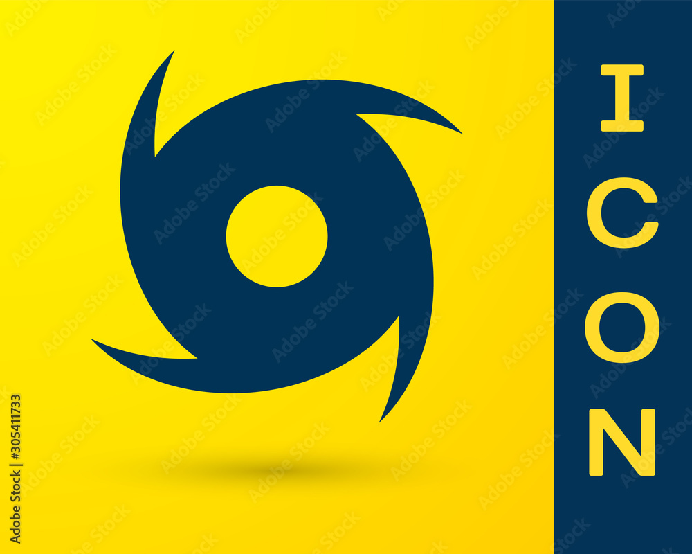 Blue Tornado icon isolated on yellow background. Cyclone, whirlwind ...
