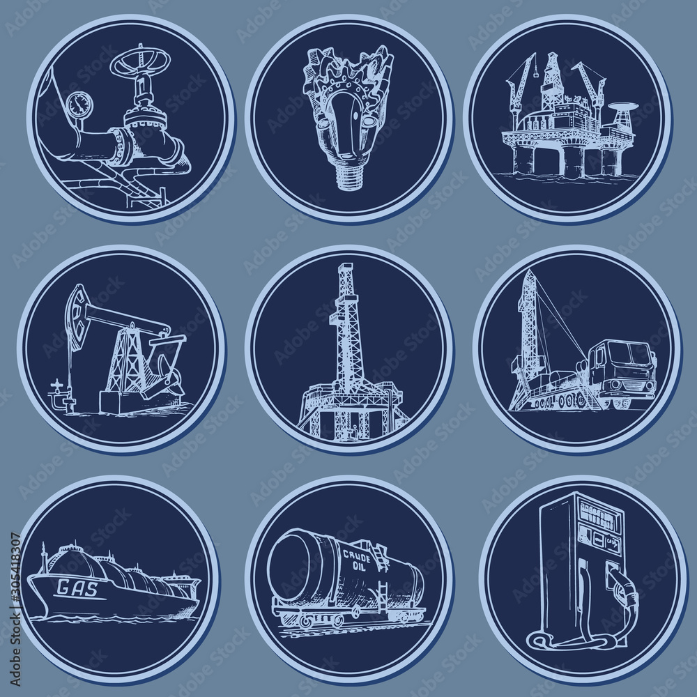 Oil and Gas infographic set. 12 sketch style pictograms with explaining ...