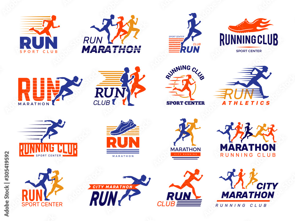 Sport logo. Healthy running marathon athletes sprinting badges vector ...