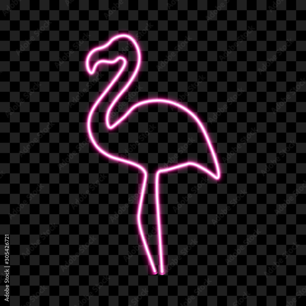 Pink neon flamingo on transparent background, vector illustration ...