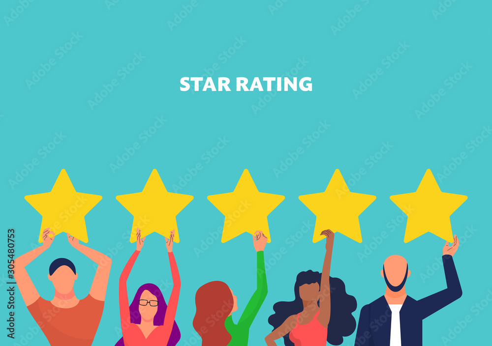 Customer feedback concept art, many people hold yellow rating stars ...
