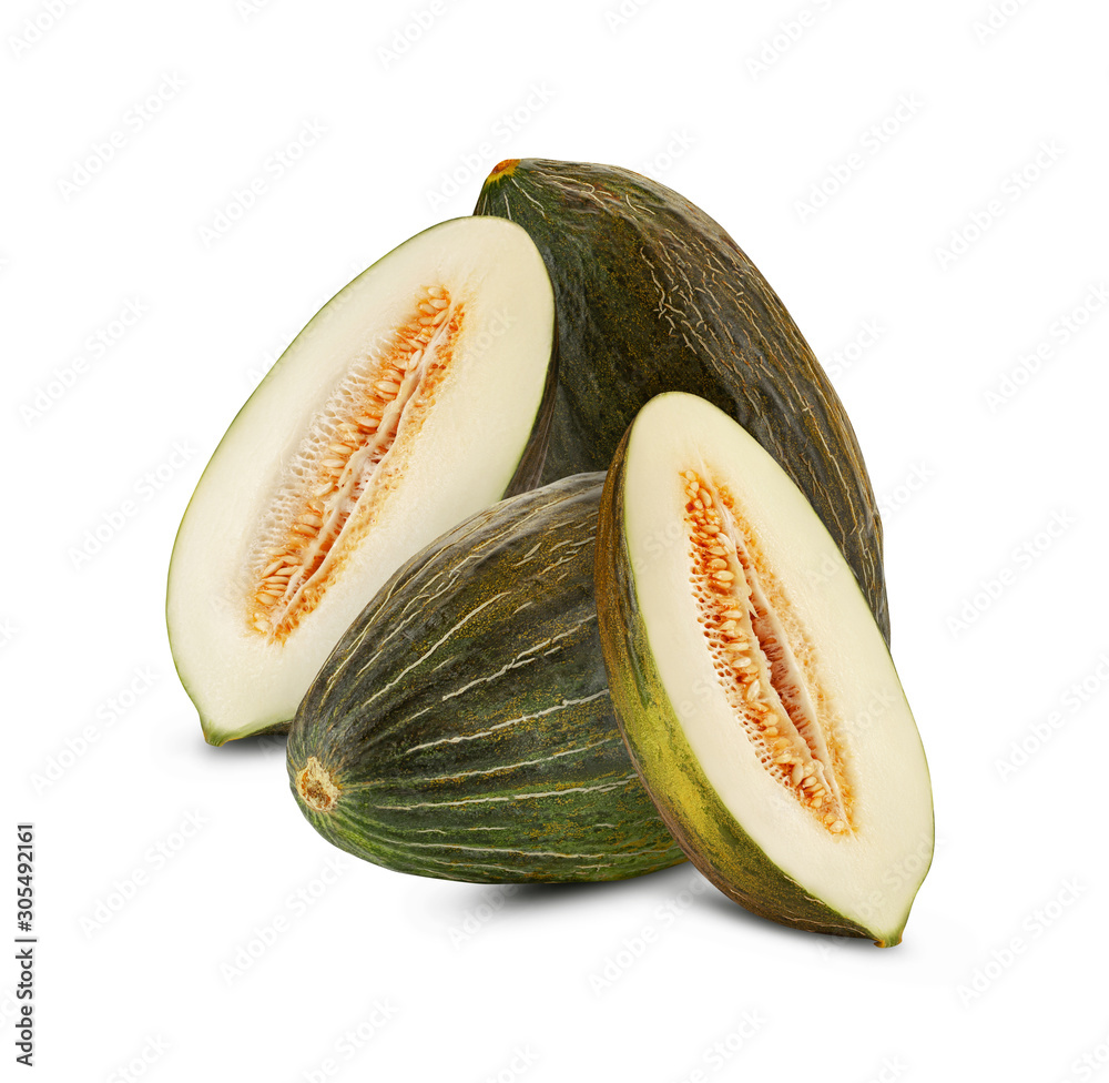 Two green tendral melons and two halves in cross-section, isolated on ...