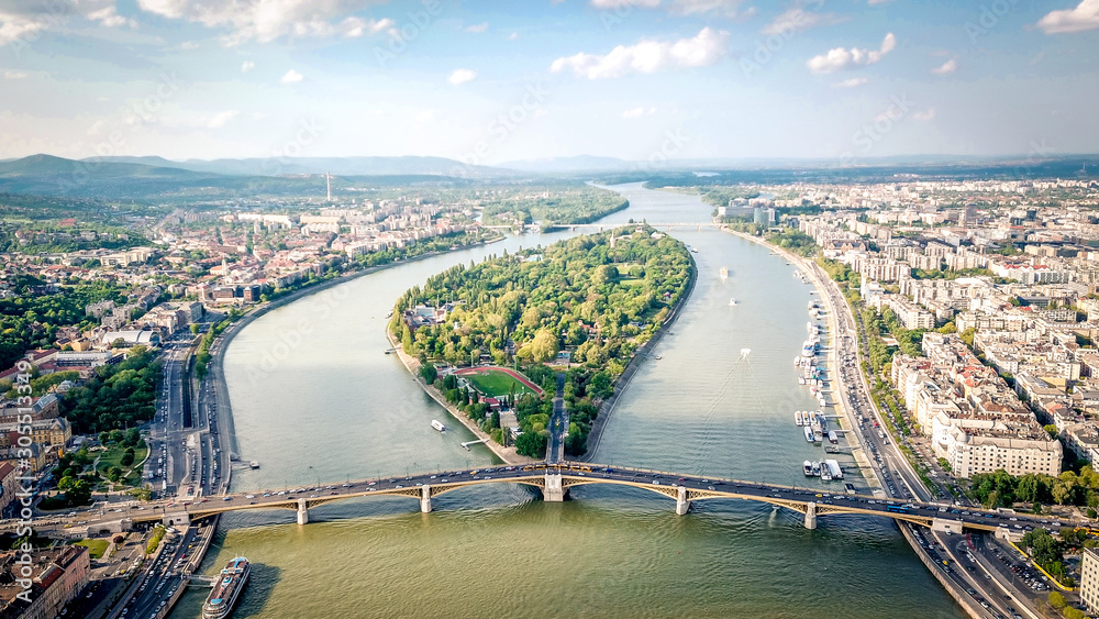 Aerial photo shows the Margaret Island and the Margaret Bridge in ...