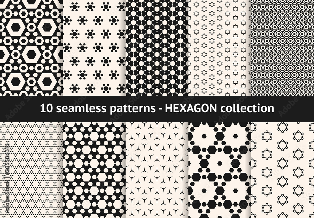 Hexagon pattern collection. Vector geometric seamless textures with hex ...
