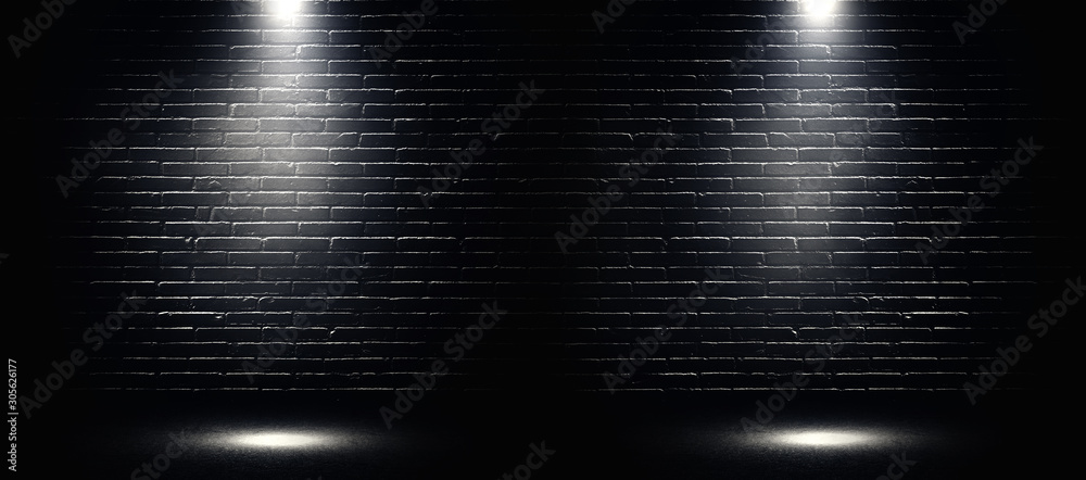 Empty space of Studio dark room black brick wall and spotlight with ...