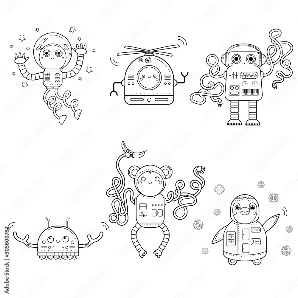 Coloring page outline of cartoon robots. Vector set for kids. Stock ...