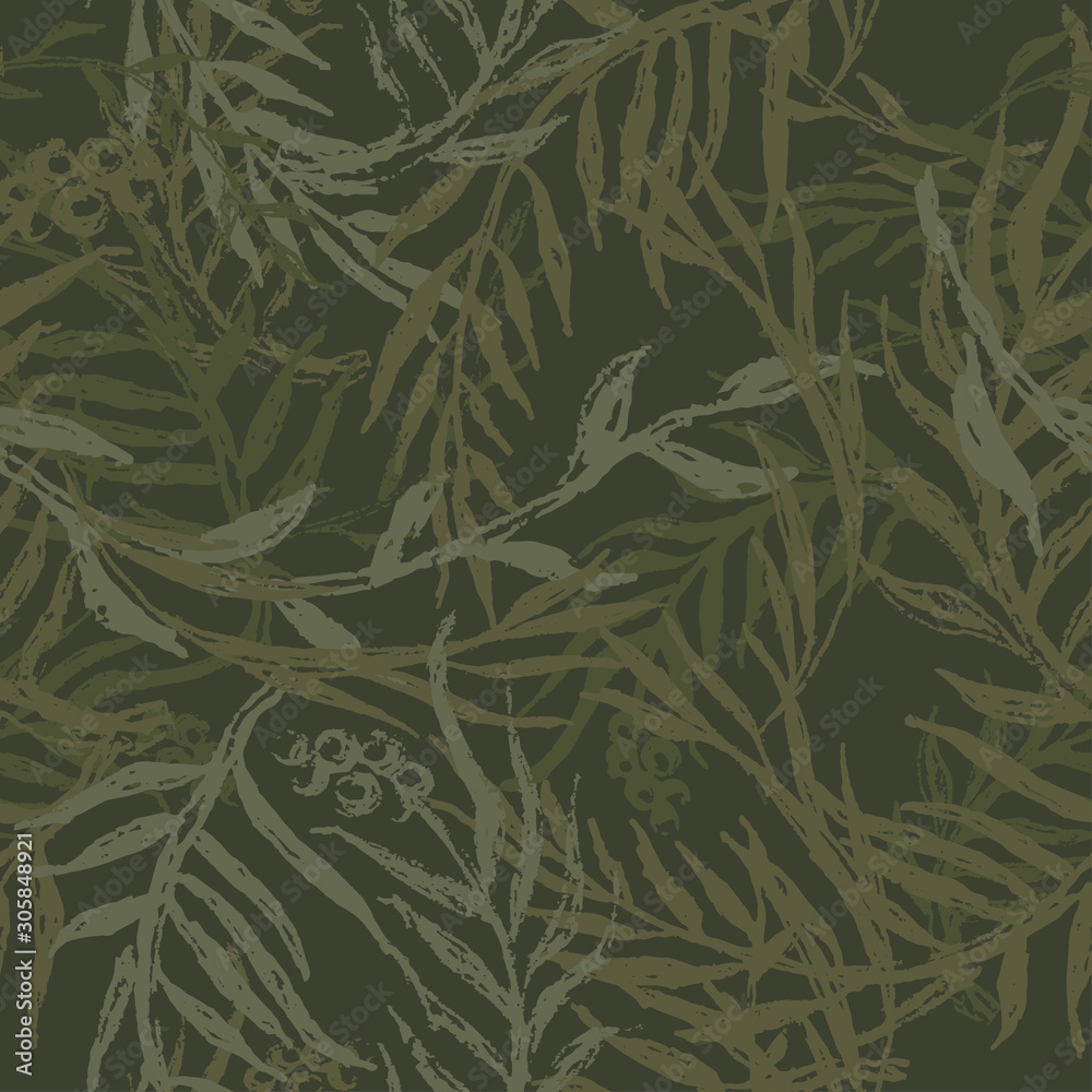 Hand drawn camo with leaf, seamless pattern. Grunge branches and herbs ...