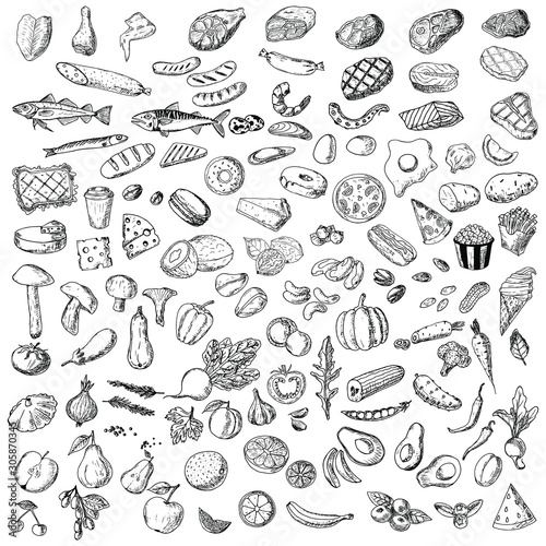 Hand-drawn big set of food. Isolated sketches on a white background ...