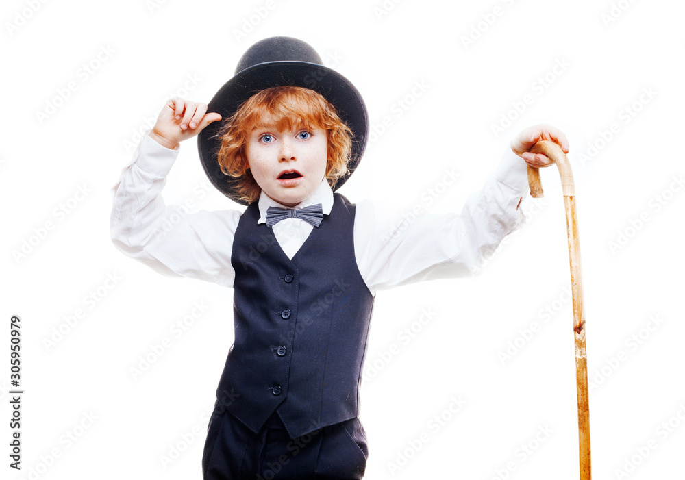 kid actor in the theatre, stylish boy in hat isolated on white ...