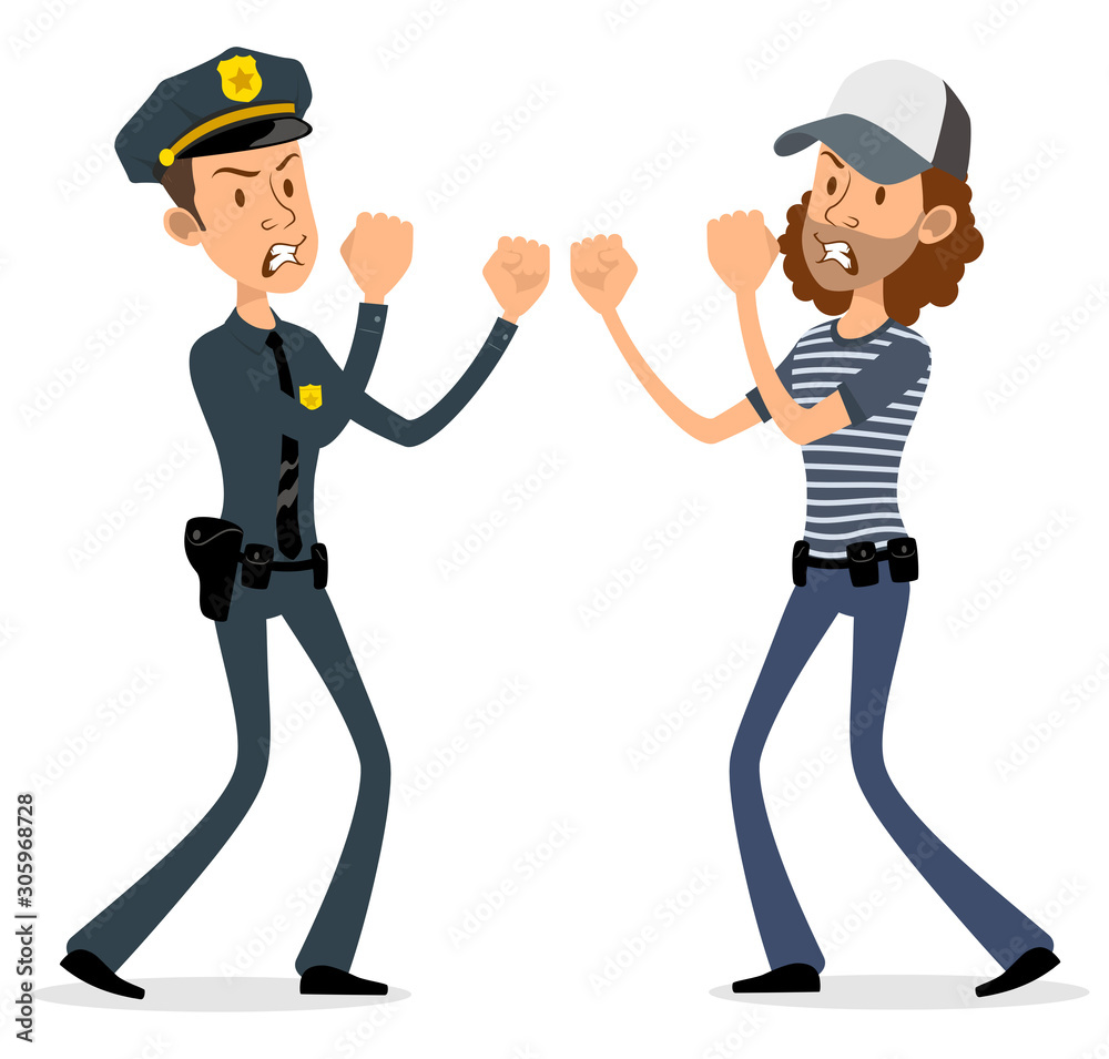 Cartoon flat cute funny police officer in black uniform fighting with ...