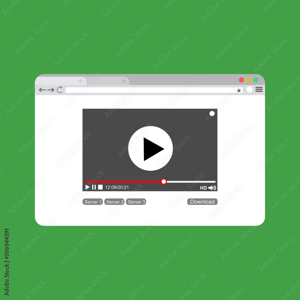 Video player on browser page template in flat style vector illustration ...