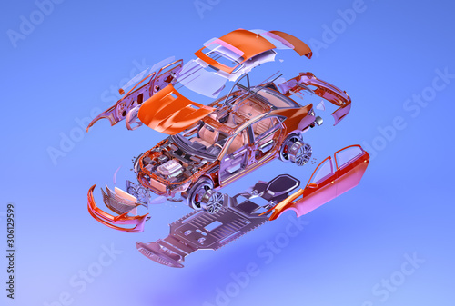 Car isometric, exploded view. 3D isometry illustration of vehicle for ...