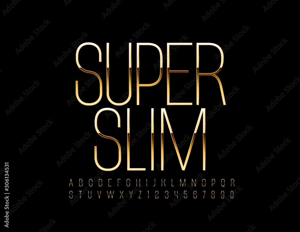 Vector Super Slim Golden Font. Luxury Alphabet Letters and Numbers ...