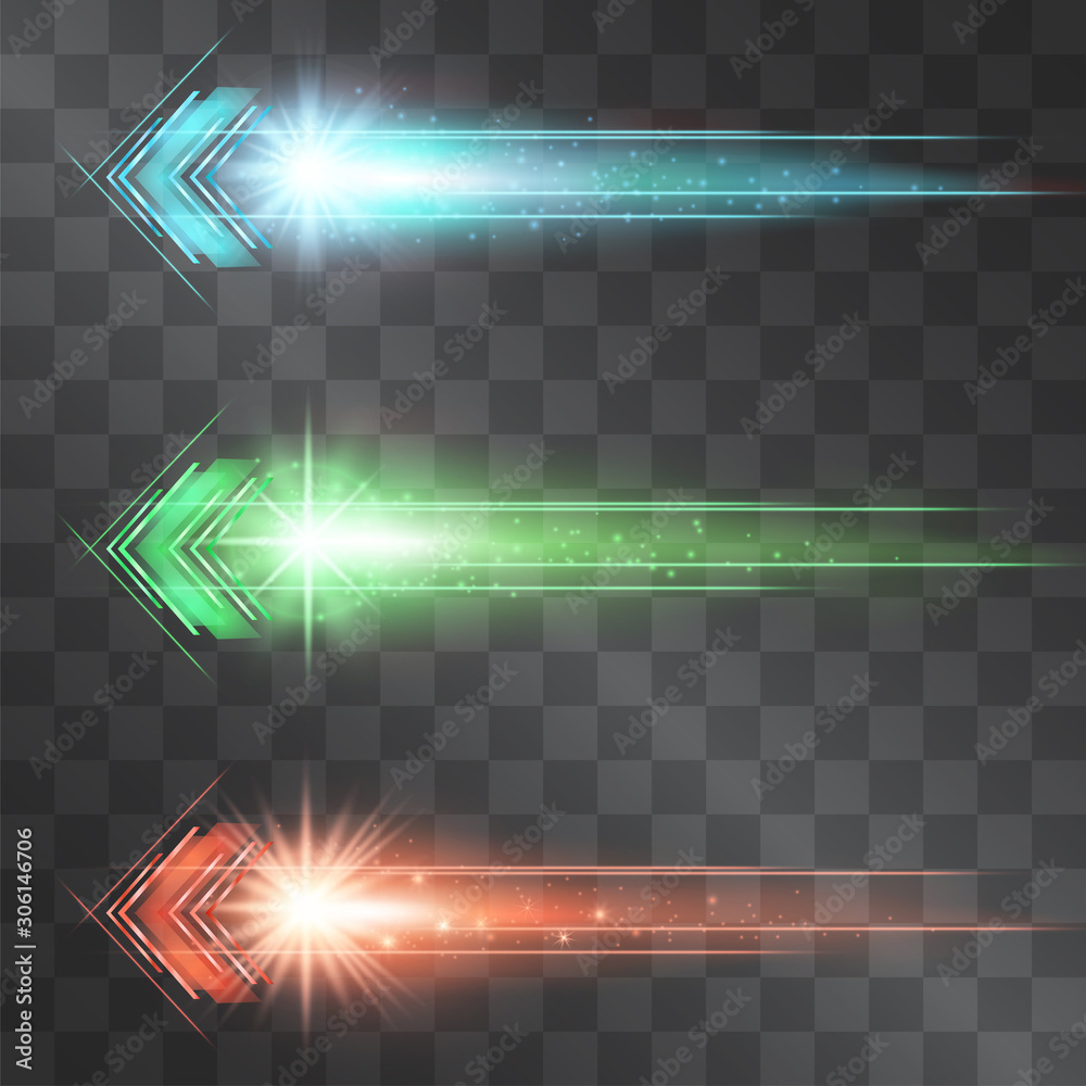 Arrow laser glow vector illumination set. Motion effect light blinking ...