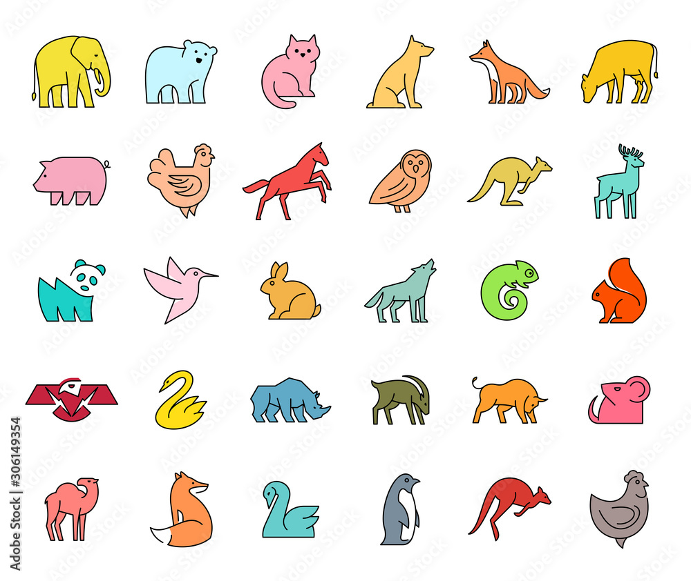 Linear collection of colored Animal icons. Animal icons set. Isolated ...