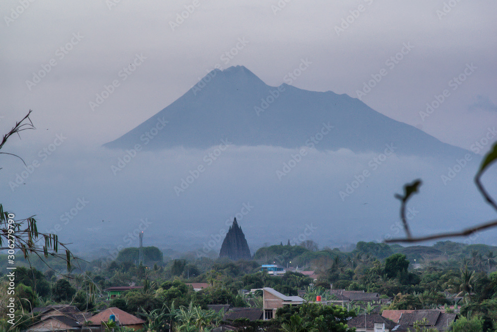 Panoramic of Mount Merapi and Prambanan temple. Prambanan temple is one ...