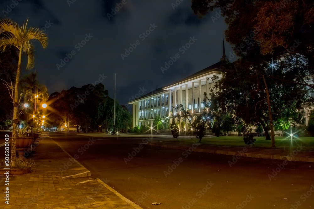 Outdoor Exterior UGM Central Building At Night. The First Modern ...