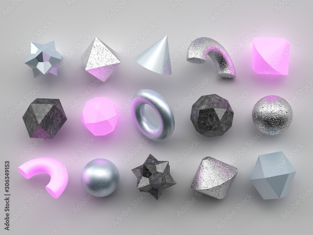 Set of 3d render realistic primitives on white background. Isolated graphic elements. Spheres ...