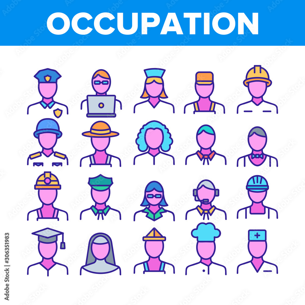 Occupation Collection Elements Icons Set Vector Thin Line Policeman And Doctor Teacher And