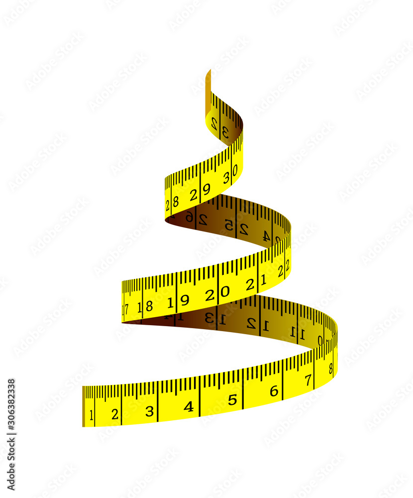 Measuring tape swirling in the shape of a Christmas tree. New Year's ...