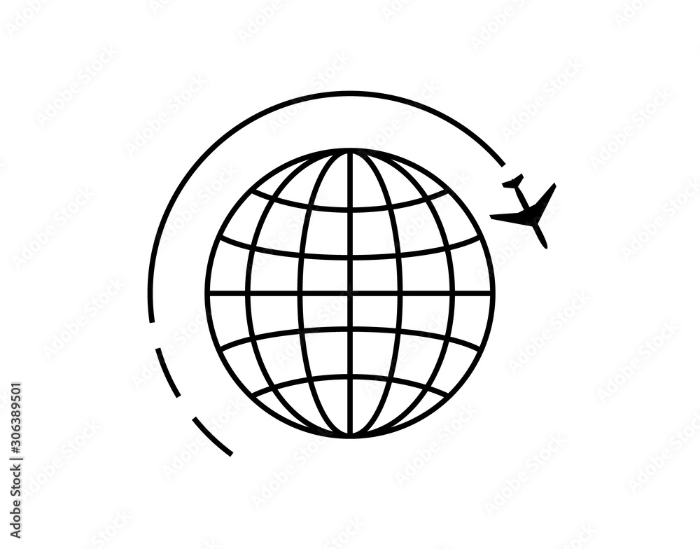 Travel around the world, plane flying around the earth as a logo, sign ...