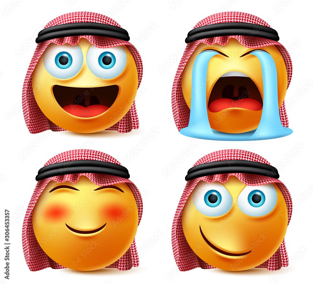 Saudi arab emoji vector set. Emojis and emoticon face head of saudi ...