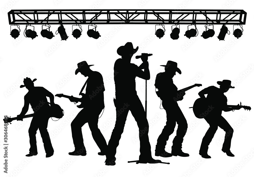 Vector silhouettes of a country music band performing on stage. Stock ...