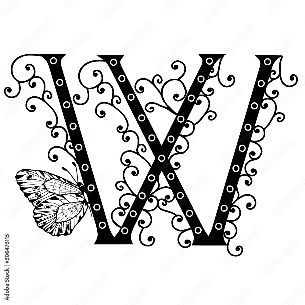 Black hand written monogram capital letter W decorated with butterflies ...