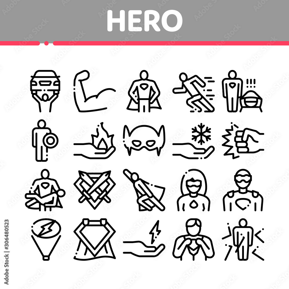 Super Hero Collection Elements Icons Set Vector Thin Line. Hero ...