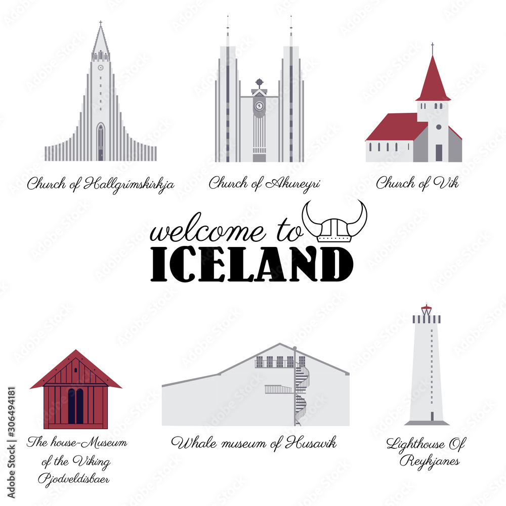Iceland landmarks vector flat illustration isoalted on white background ...