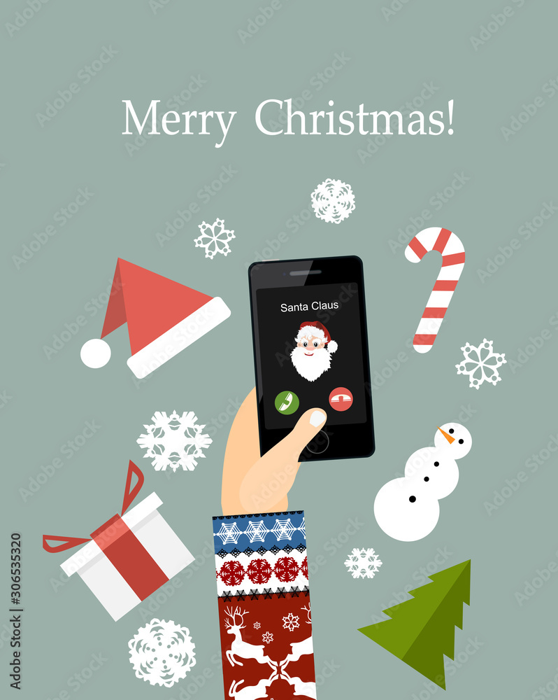 Christmas card with phone call from Santa in flat style. Hand holding ...