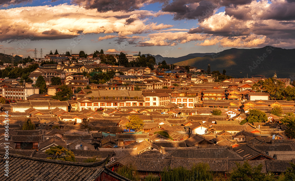 Panorama Top view scene of ancient LiJiang old town, is the historical ...