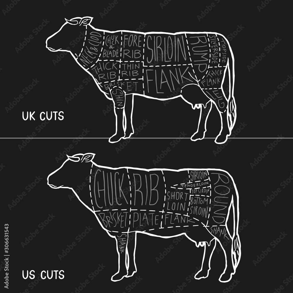 UK US Meat cuts diagram poster design. Beef scheme for butcher shop ...