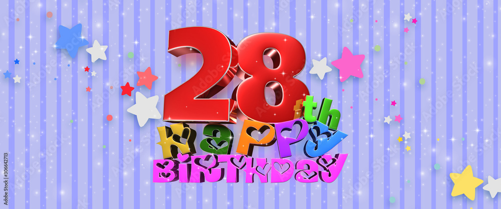 Happy Birthday 28 th 3d illustration Blue background with glittering ...