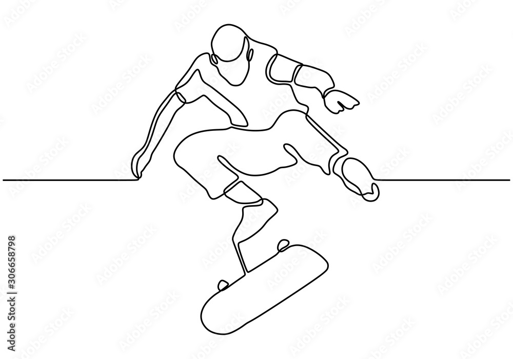 Continuous one line drawing of skateboard player. Sport vector ...