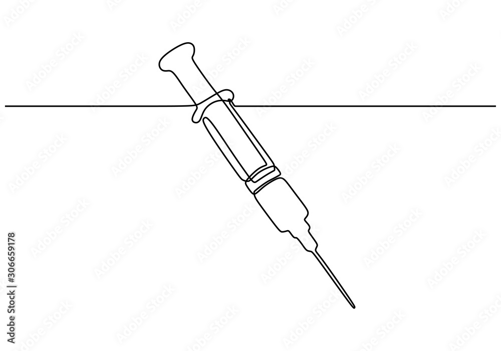 Continuous one line drawing of syringe with needle vector. Medical ...