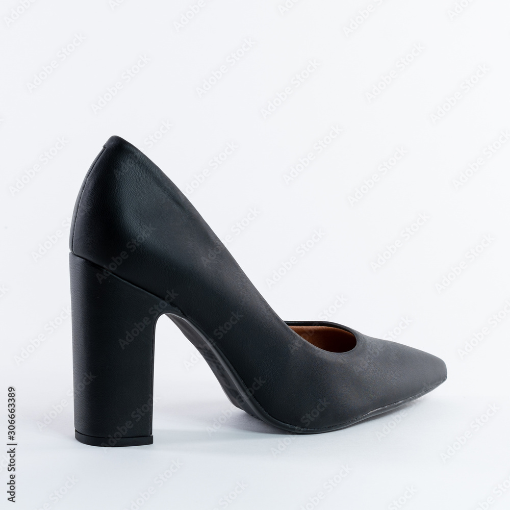 classic black leather high heeled women shoes. On white background ...