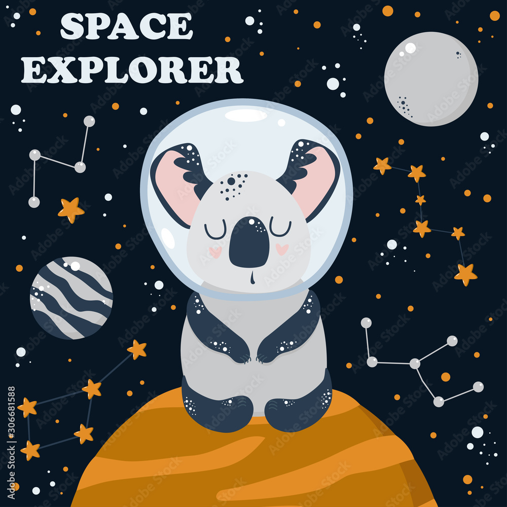 cute poster with astronaut koala in space - vector illustration, eps ...