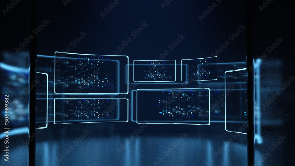 3D Rendering of binary data on monitor screen data panels in circle ...