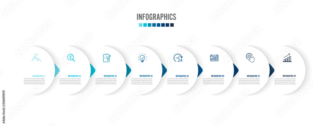 Eight paper white overlapping arrows placed in horizontal row. Concept ...