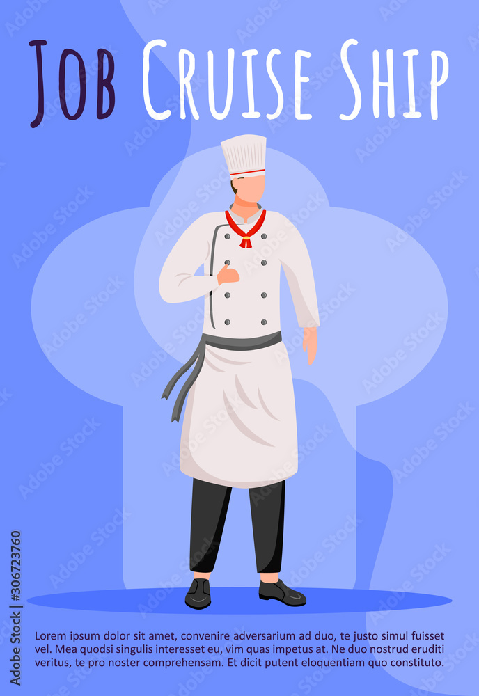 Job cruise ship poster vector template. Ocean liner professional cook ...