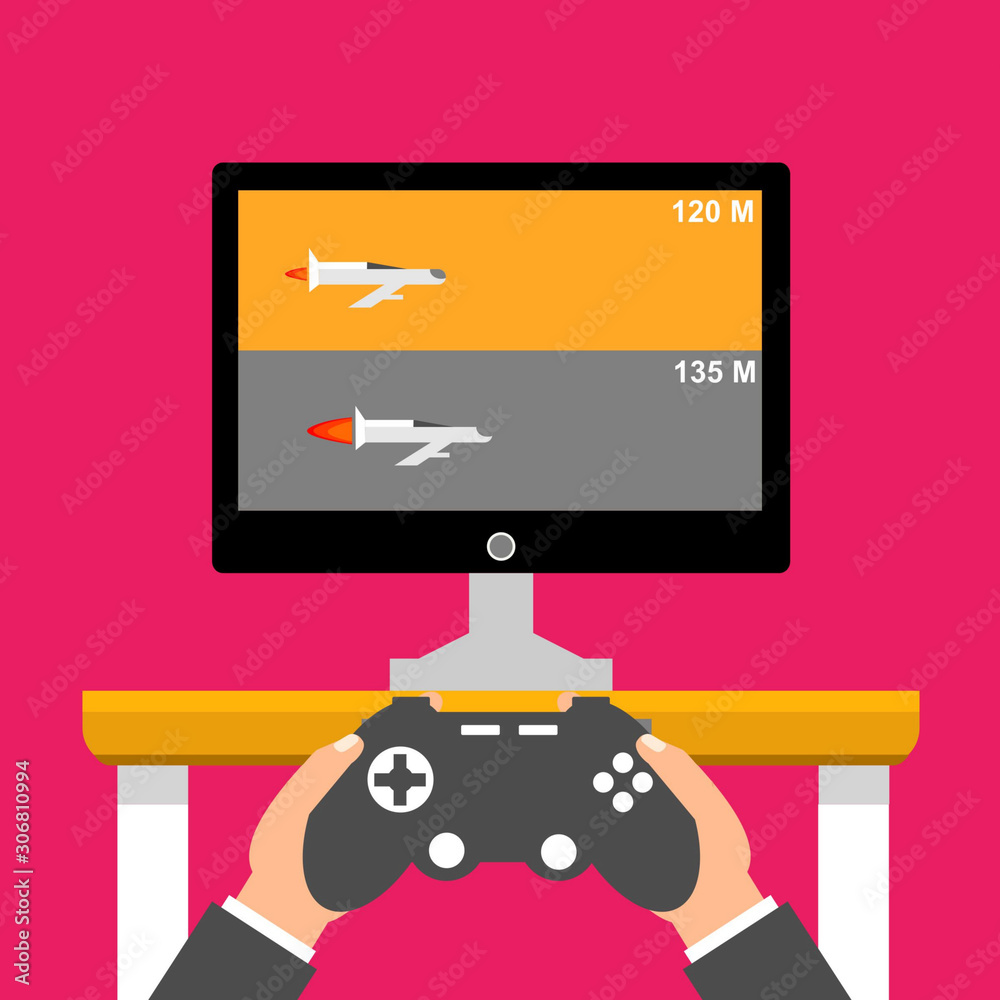 Videogame console with tv. Gaming concept. Man holding in hands gamepad ...